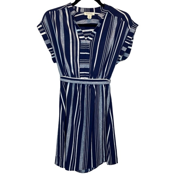 Monteau | Dresses | Monteau Navy And White Striped Vneck Tie Belt Dress ...
